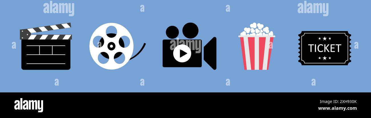 Cinema icon set. Popcorn box package Big movie reel. Open clapper board ...