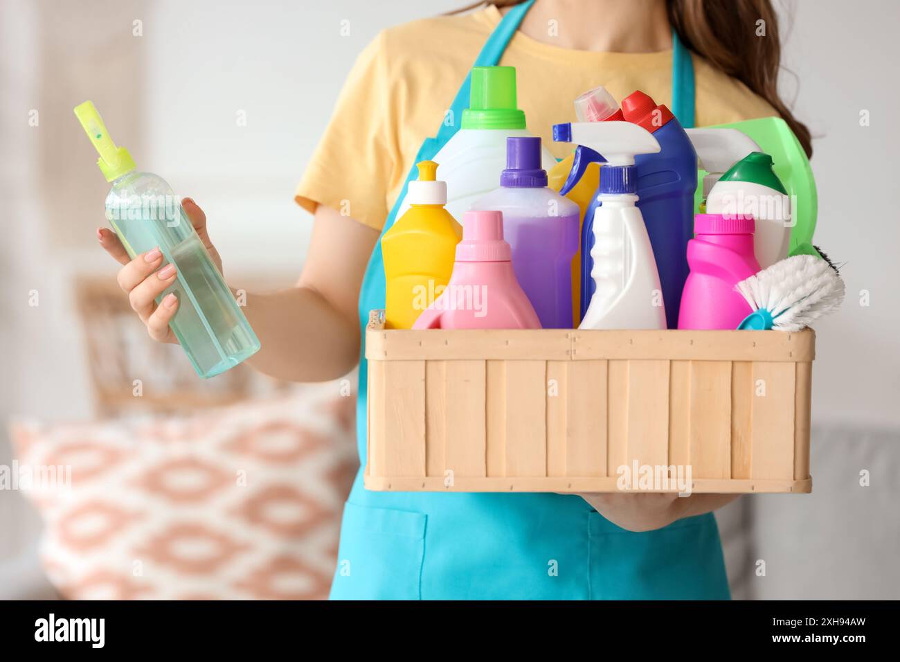 Female janitor with box of cleaning supplies in room, closeup Stock ...