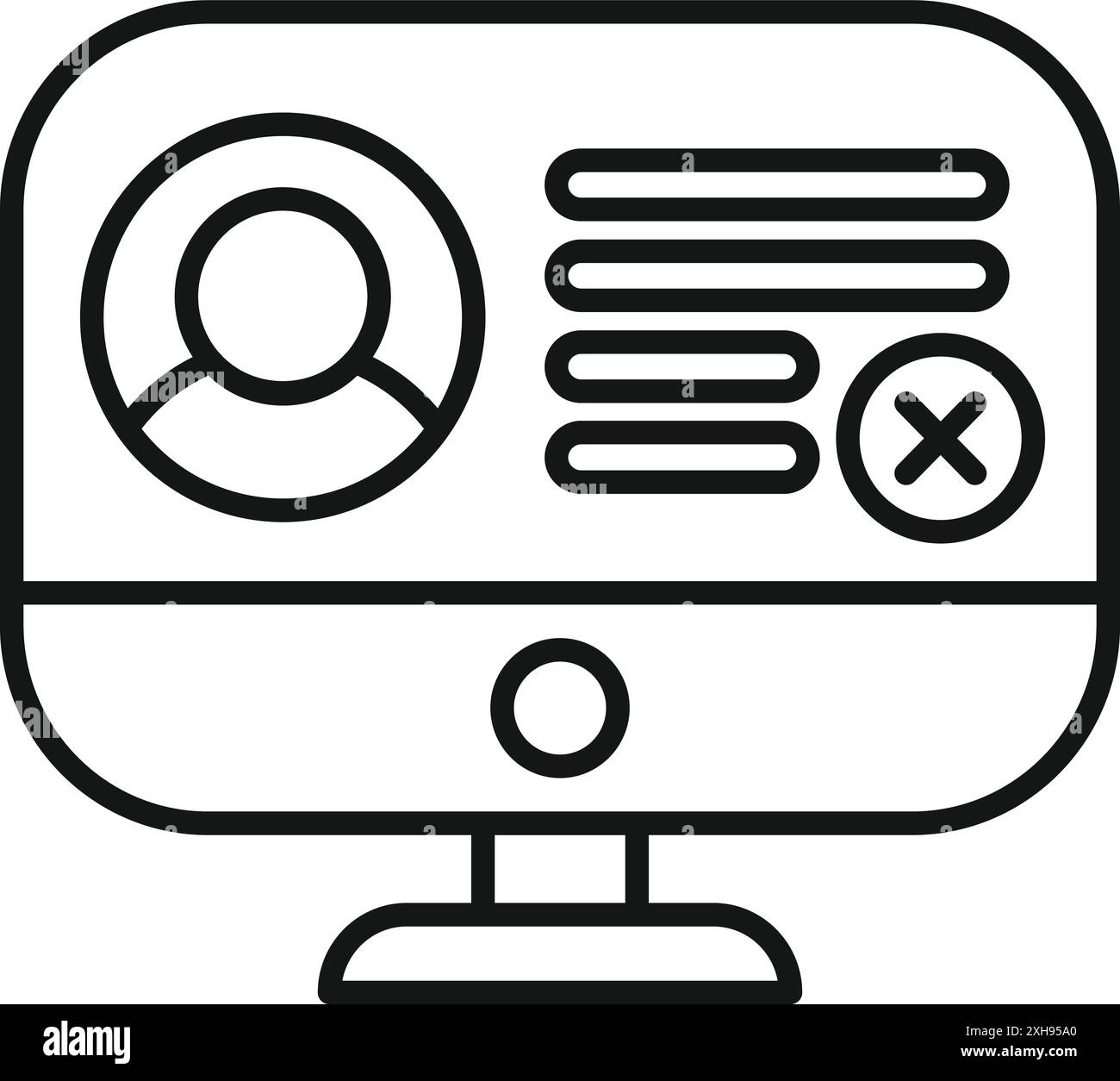 Computer monitor displaying a user profile with a prominent cross mark, indicating the action of ...