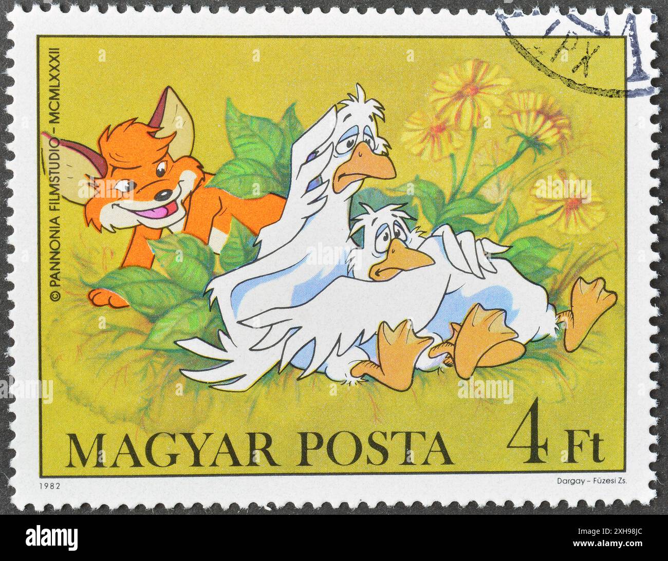 Cancelled postage stamp printed by Hungary, that shows Vux and Geese ...