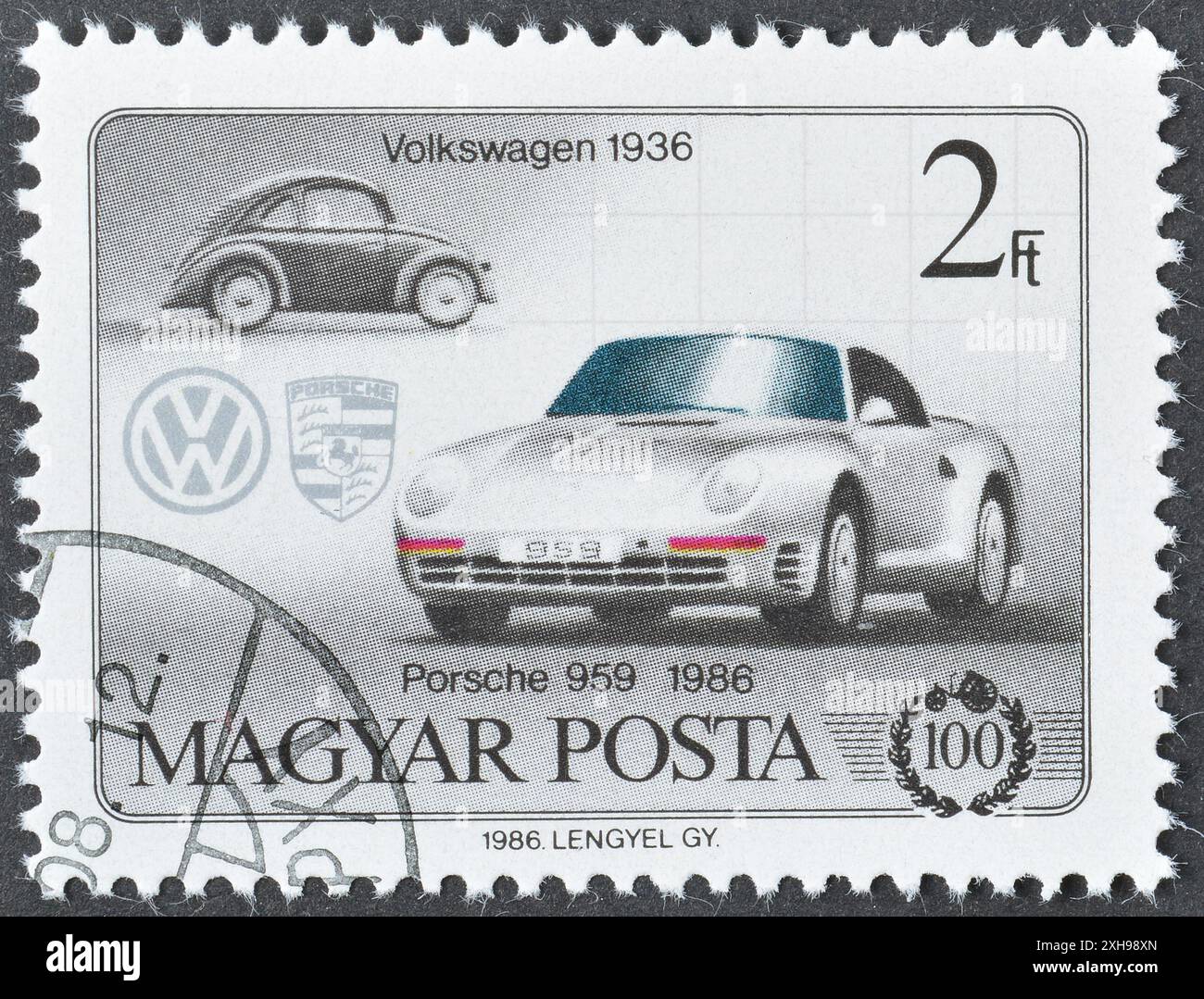 Cancelled postage stamp printed by Hungary, that shows Volkswagen 1936 ...
