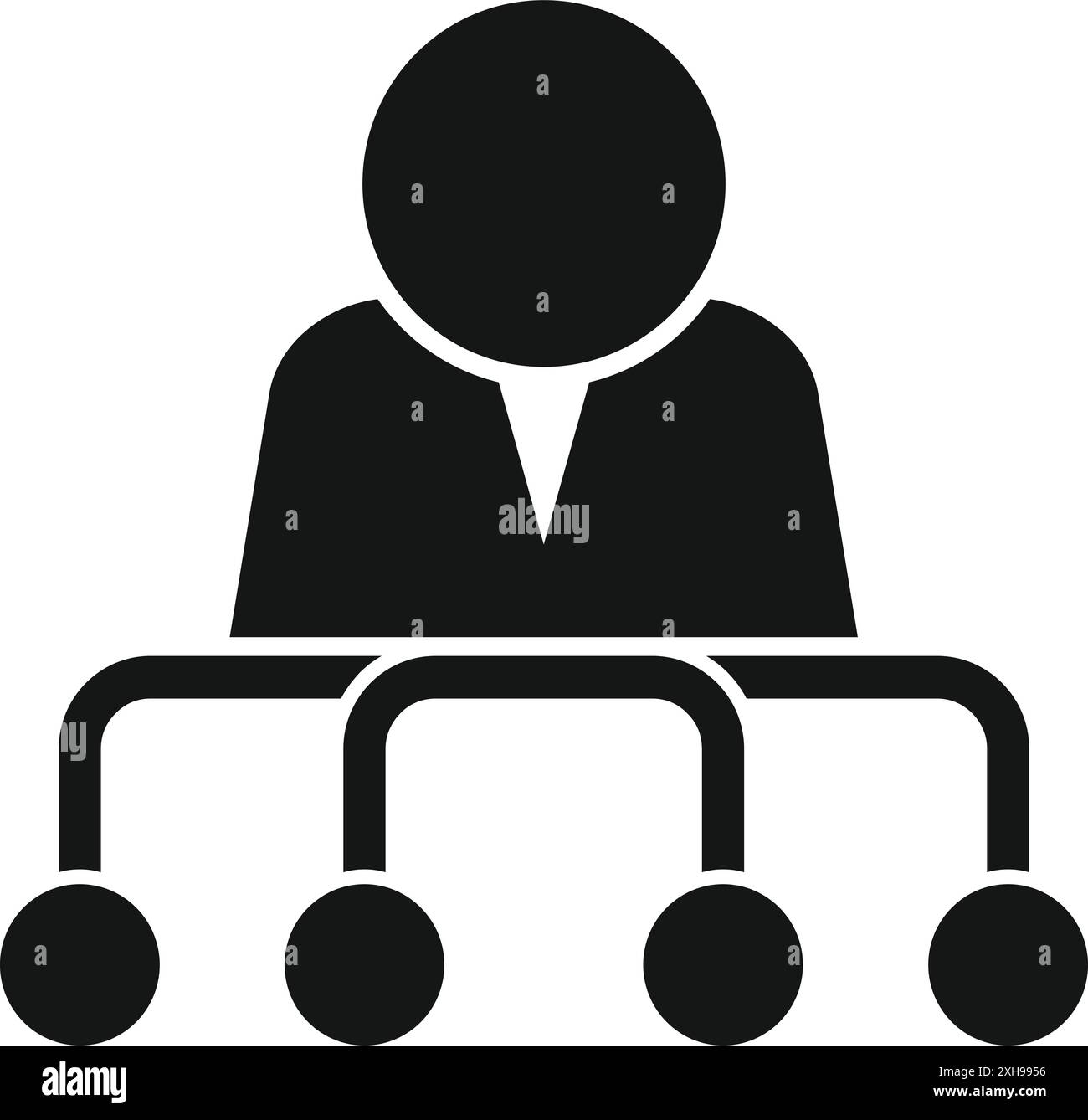 Black and white icon of a businessman managing a network of four people ...