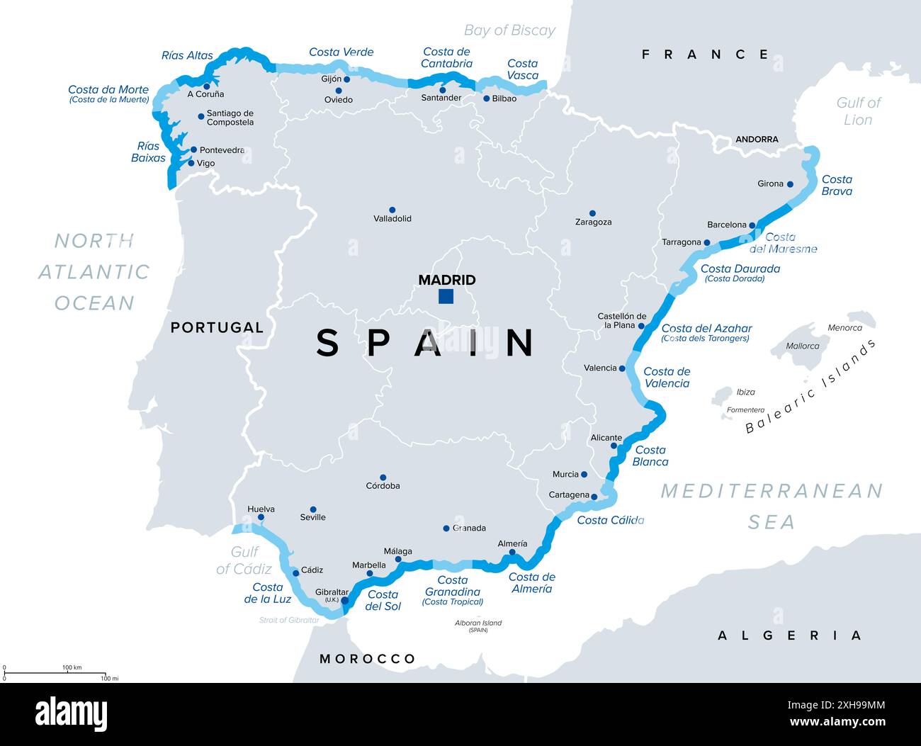 Coasts of Spain, beaches and coastlines of Spanish Riviera, political ...