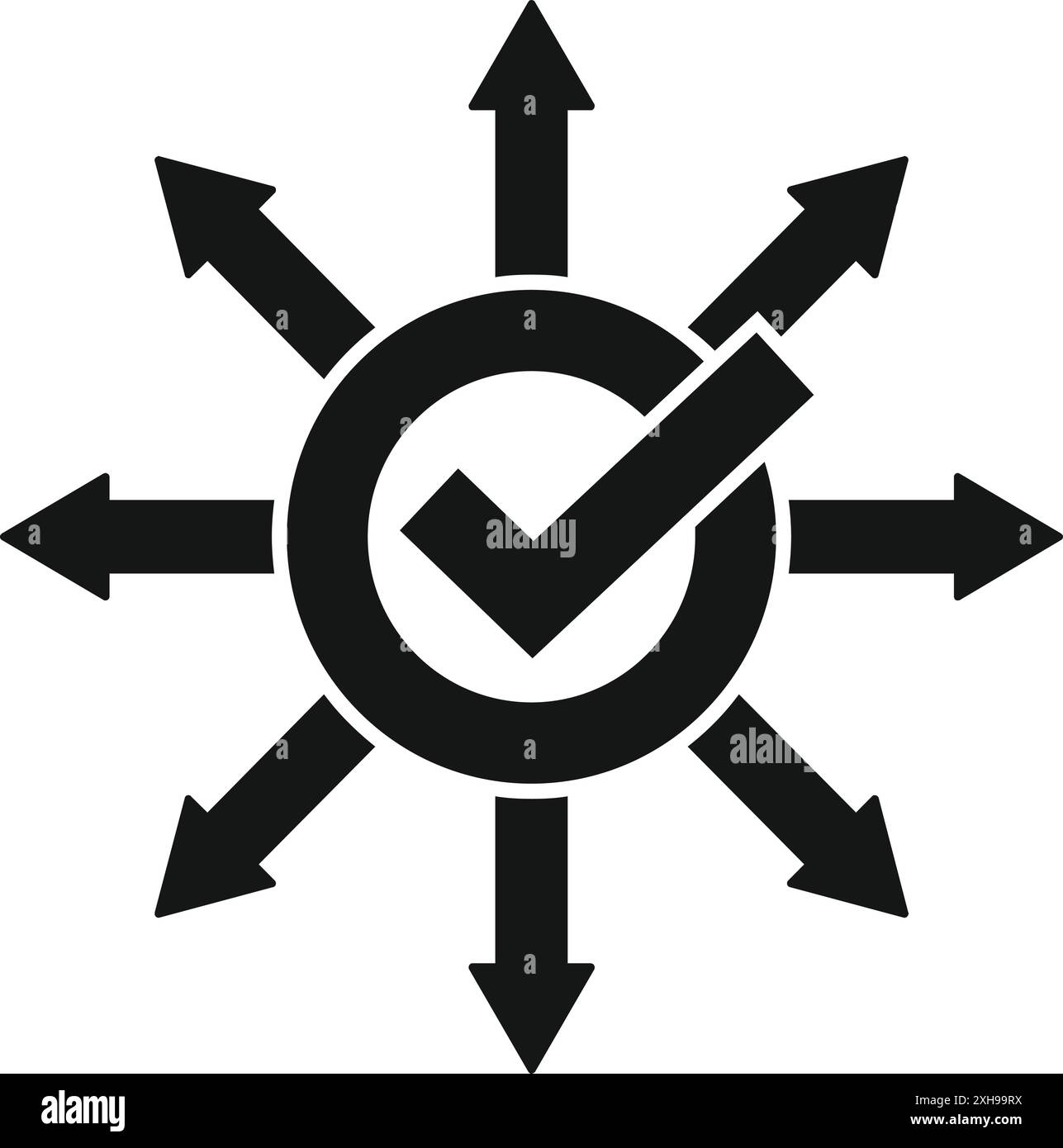 Checkmark expanding in eight directions symbolizing multitasking and ...