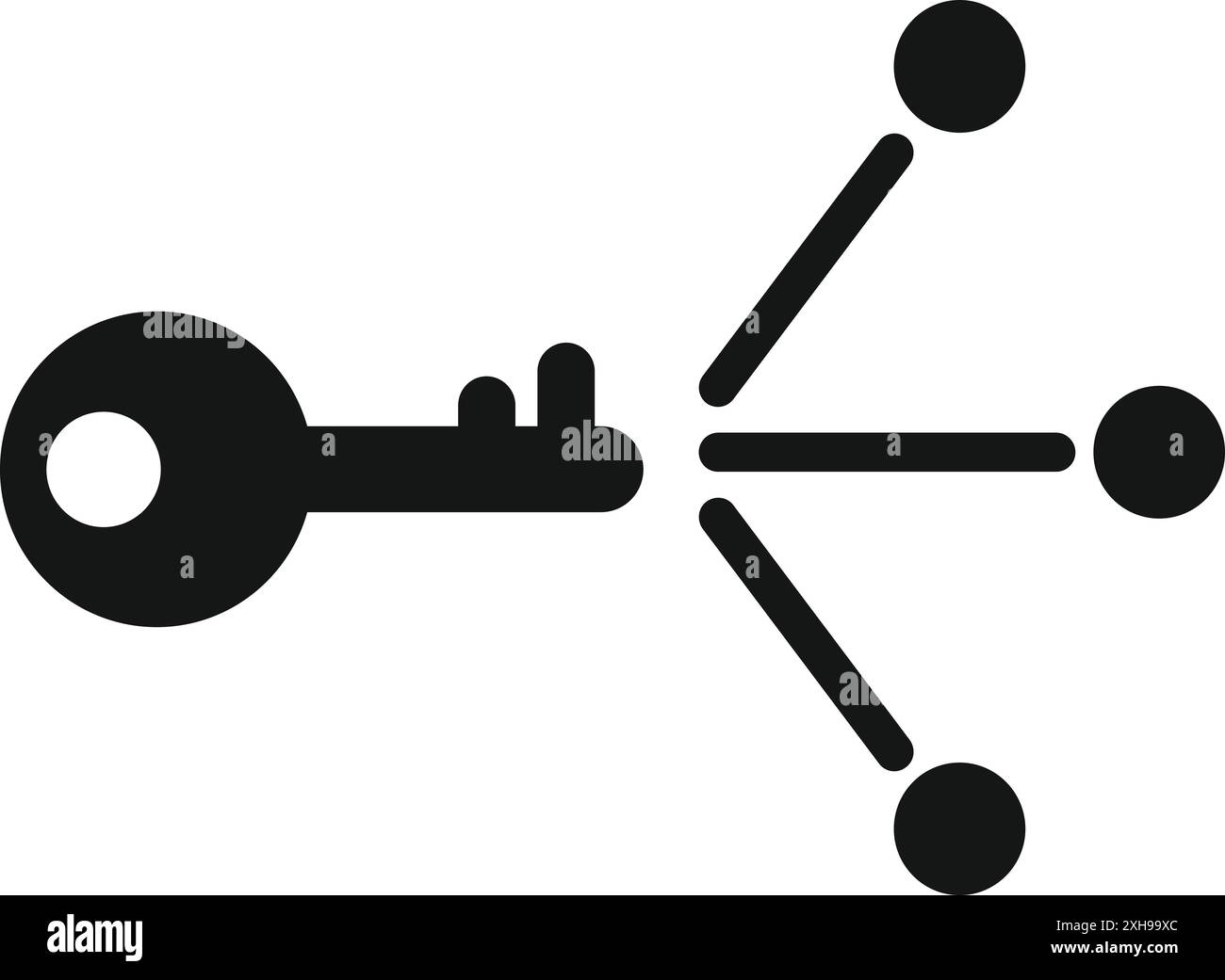 Black and white icon of a key unlocking or connecting to three dots ...