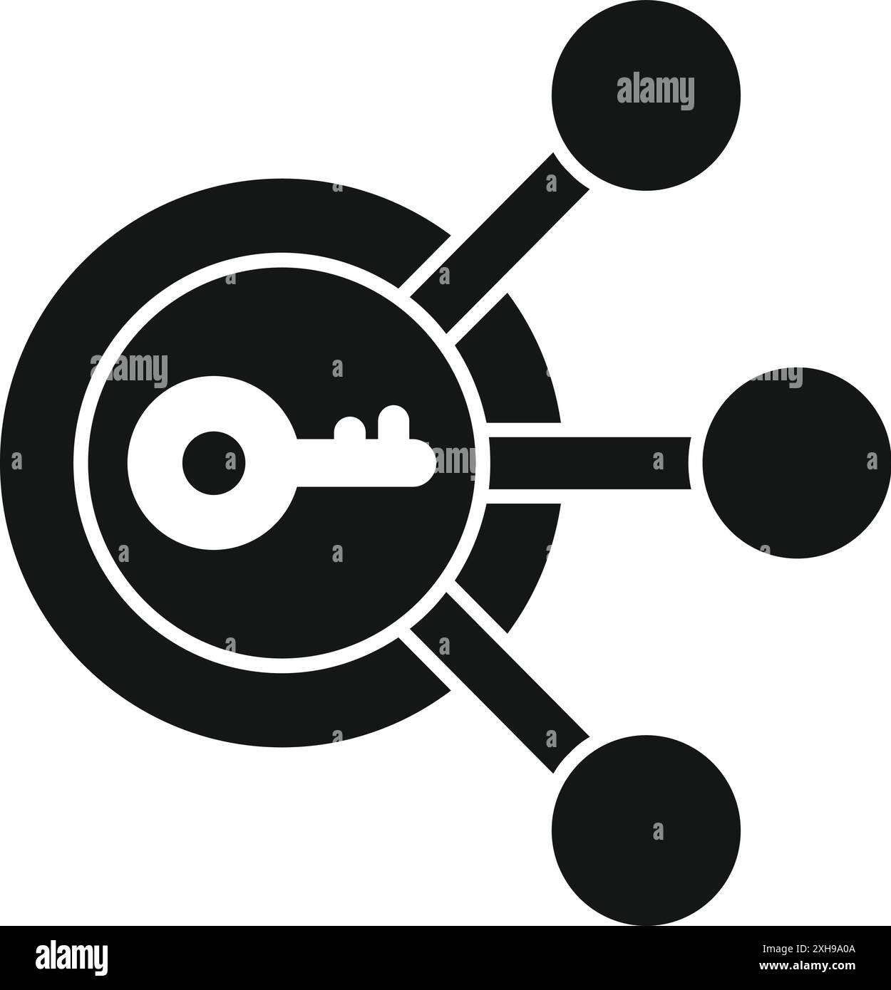 Black and white icon of a key connecting three circles, representing secure connections Stock ...