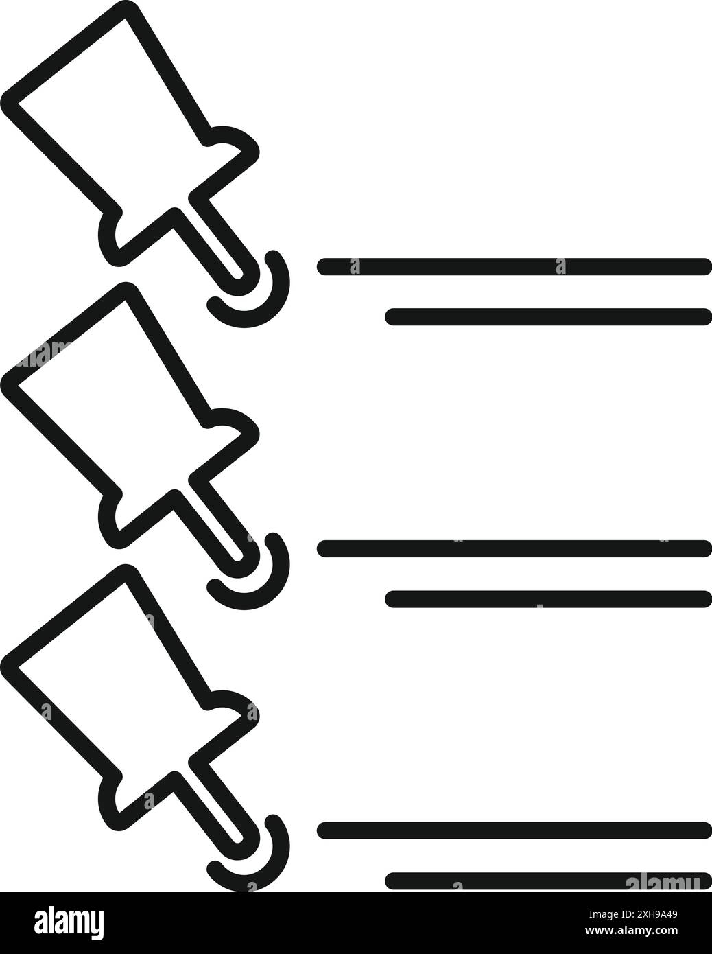 Three push pins are pinning blank lines to a white background Stock ...