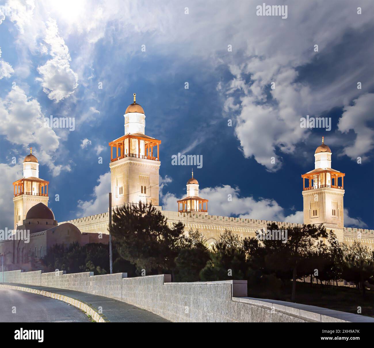 King Hussein Bin Talal mosque in Amman (at night), Jordan. Against the ...