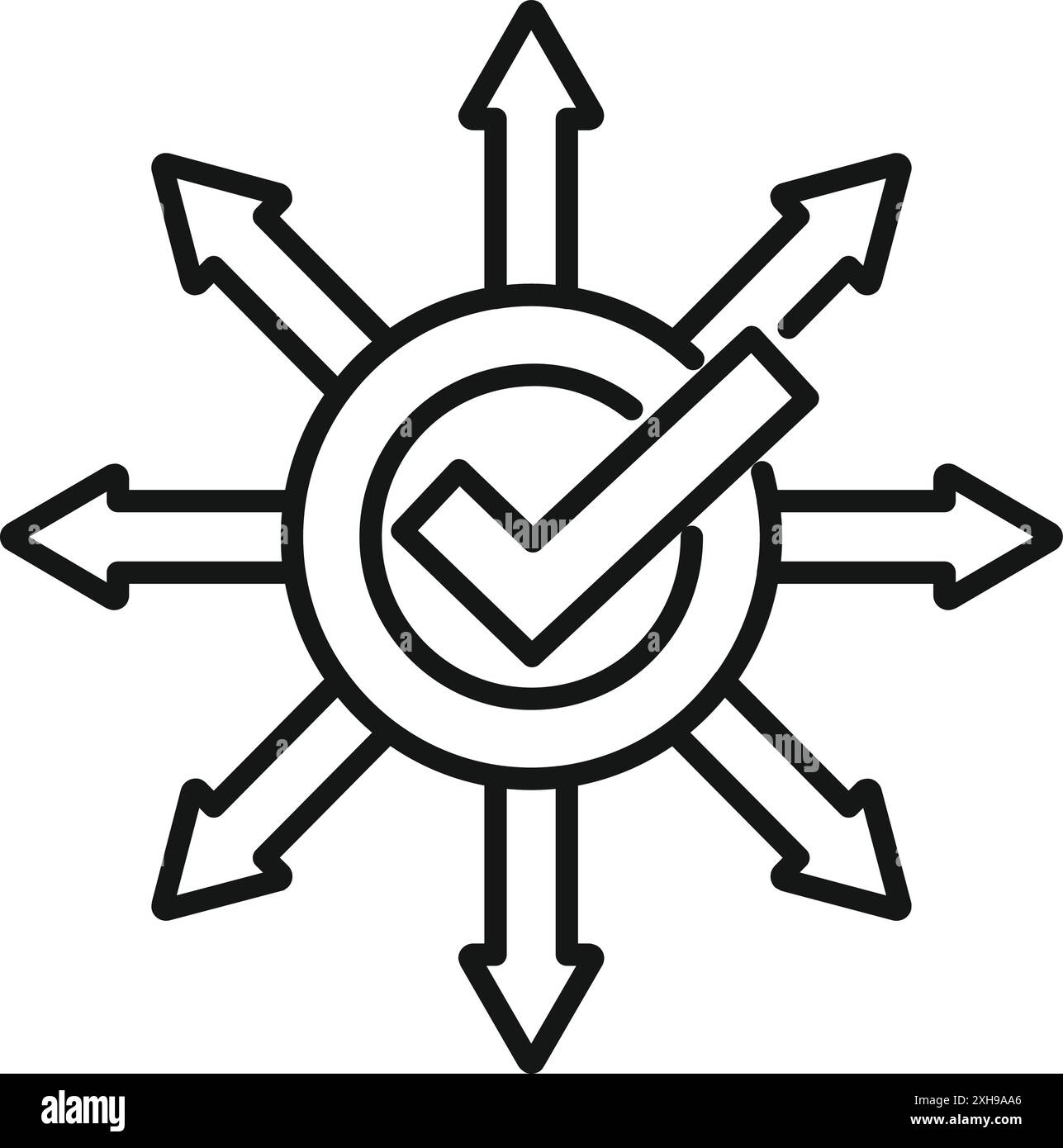 Checkmark is expanding in all directions with arrows, symbolizing ...