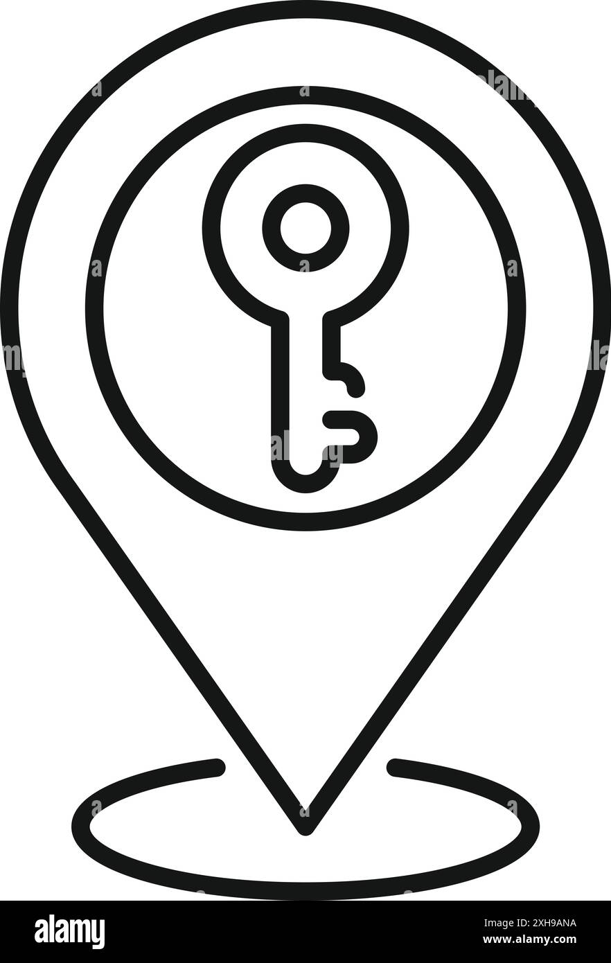 Line art icon of a location pin pointing a key indicating a secret ...