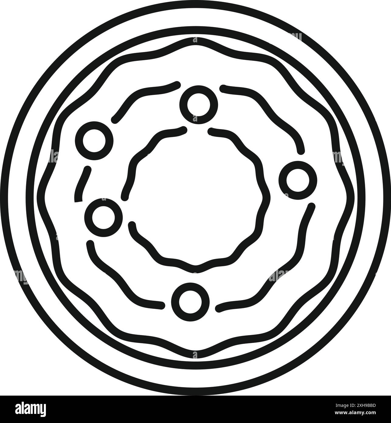 Black and white line drawing of a round donut with glaze on a white ...