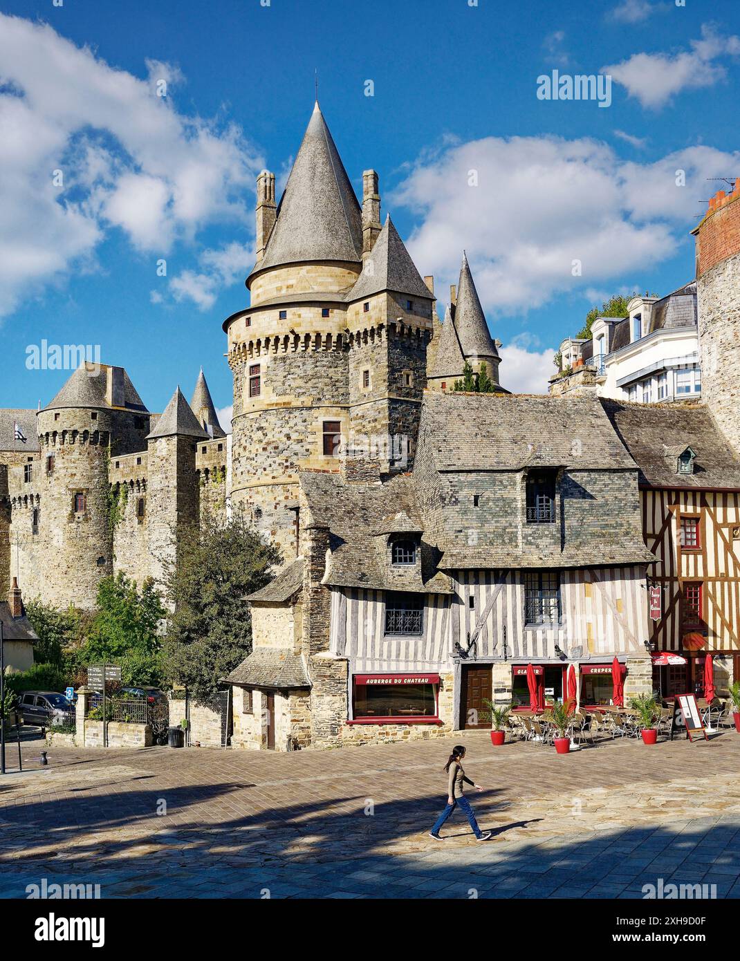 French medieval town of Vitre, Brittany. Vitre Castle Chateau rises ...