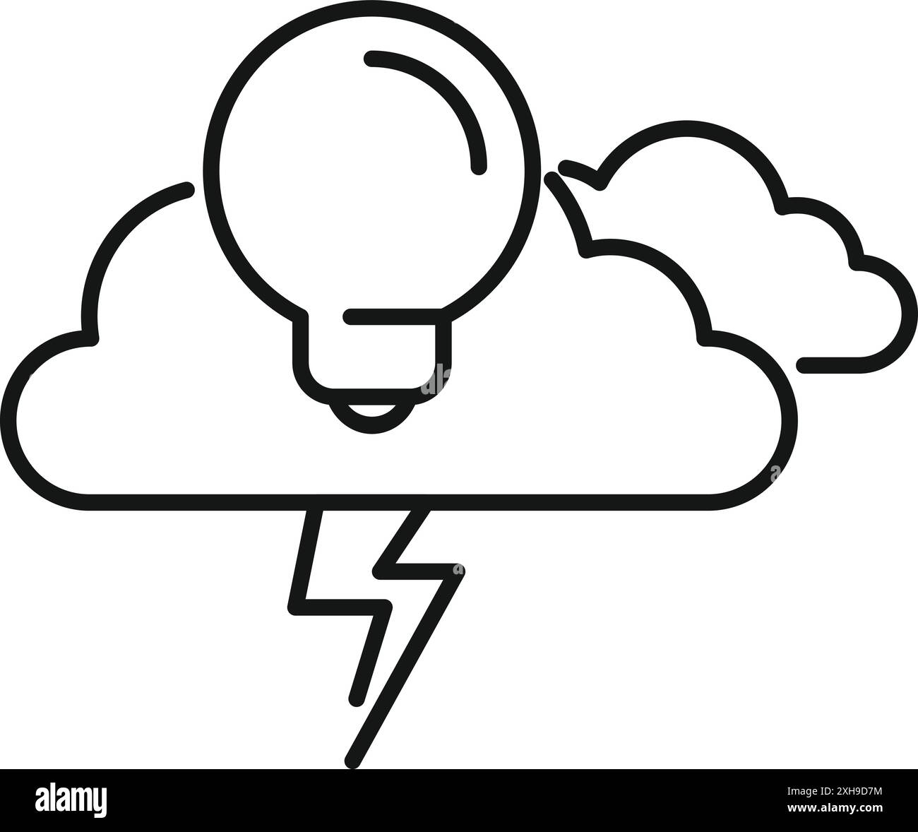 Line drawing of a light bulb floating on a cloud and producing a ...