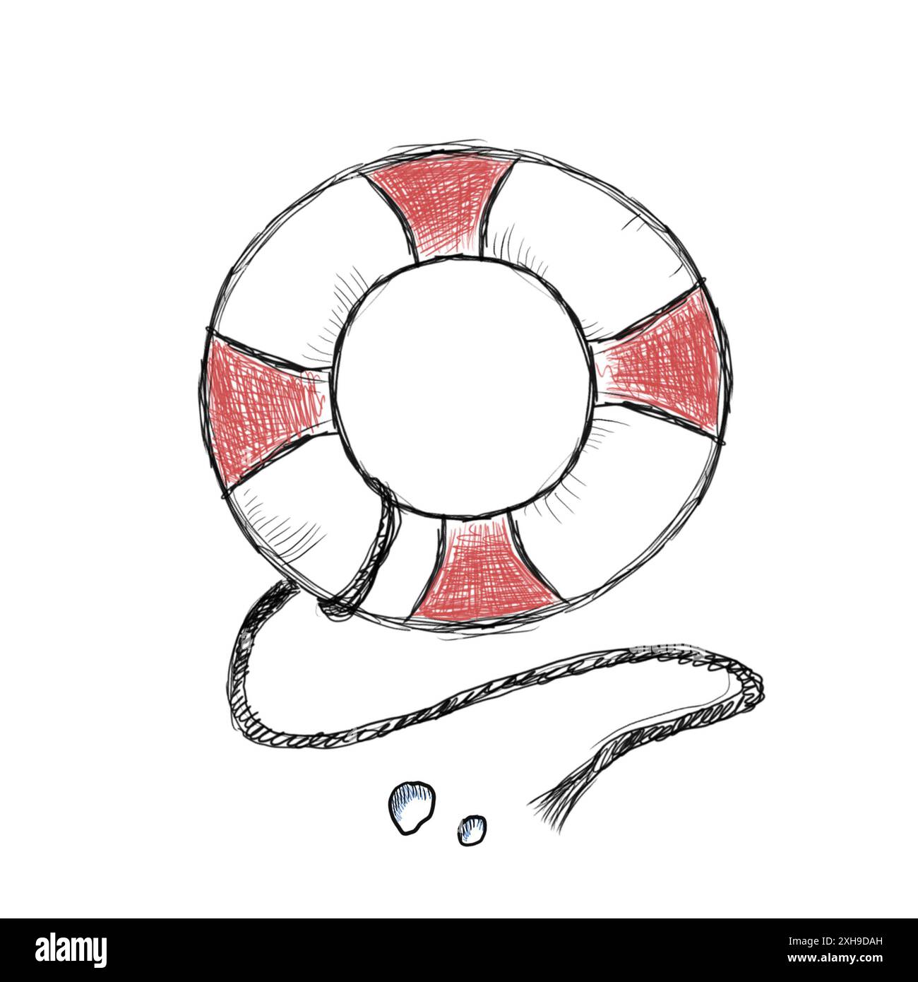 A hand-drawn illustration of a lifebuoy with red and white sections and ...
