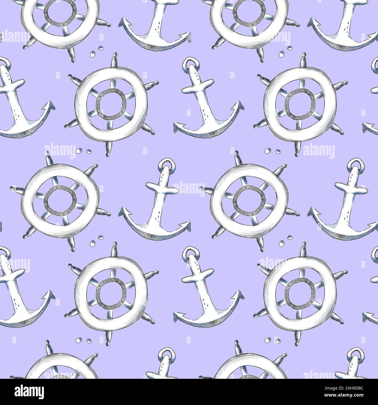 Seamless nautical pattern with anchors and ship wheels on a light ...