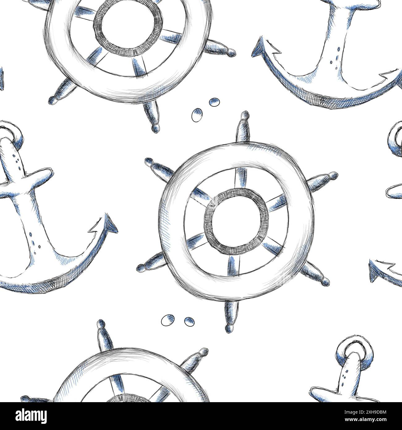 This handdrawn nautical design features ship wheels and anchors, ideal ...