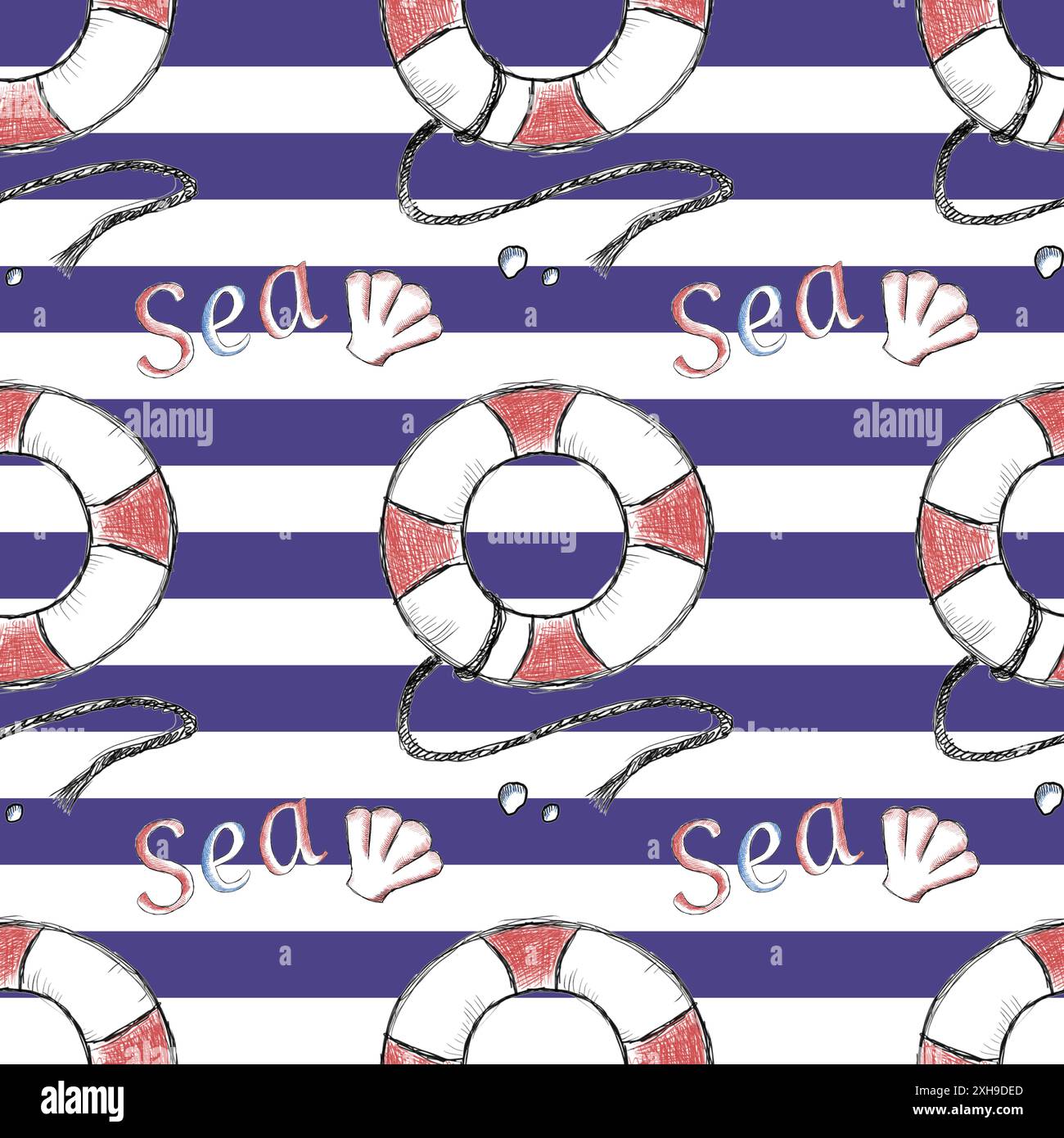 Nautical pattern with lifebuoys, stripes, seashells, and 'Sea' text ...