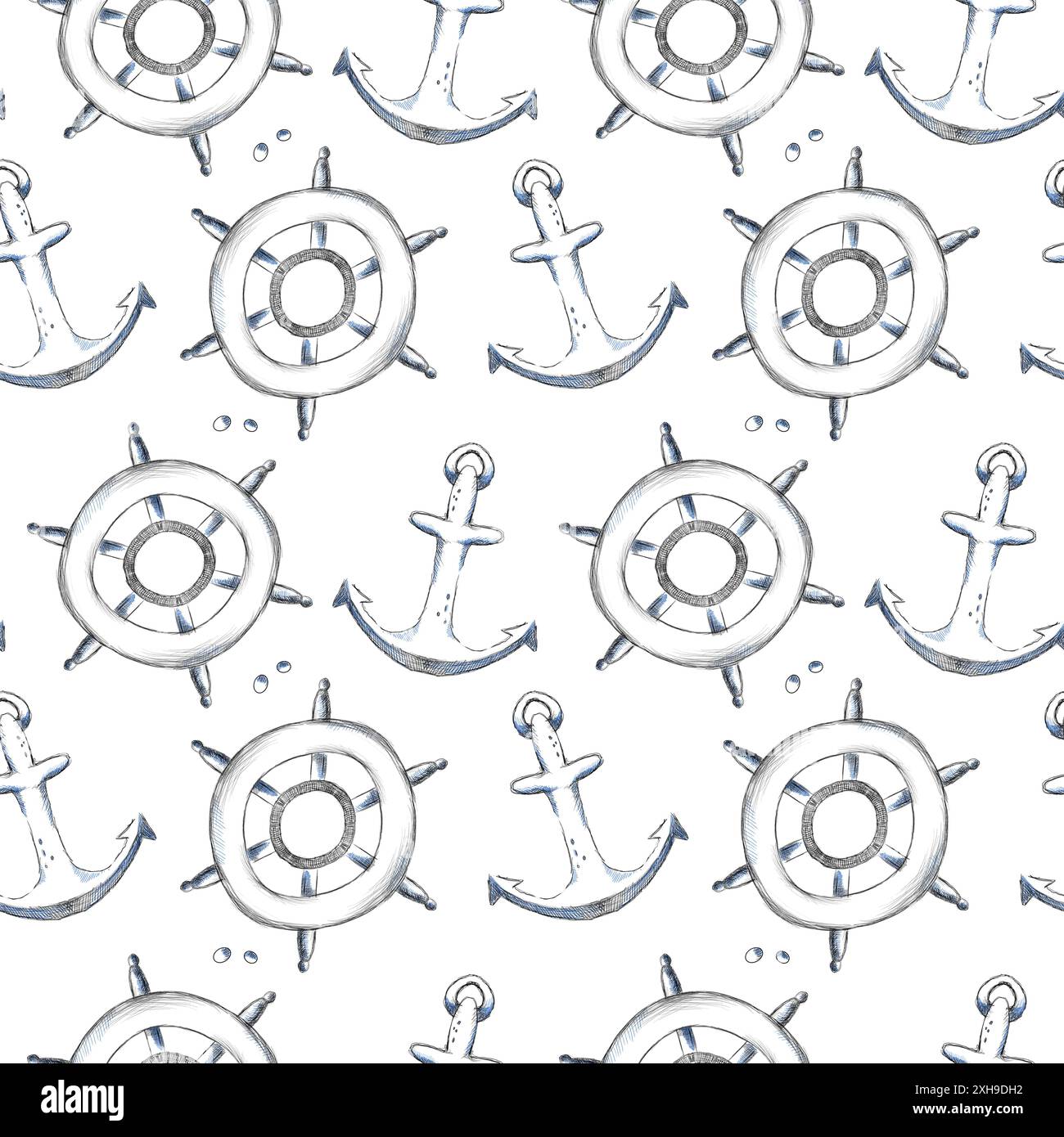 Seamless nautical pattern featuring hand-drawn anchors and ship wheels ...