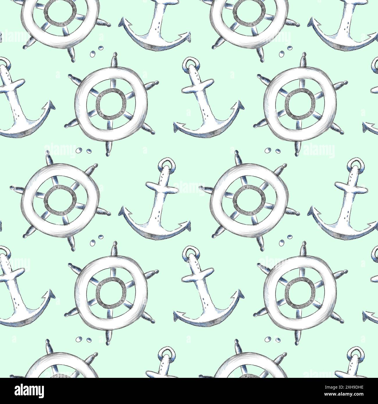 Seamless nautical pattern with anchors and ship wheels in pastel colors ...