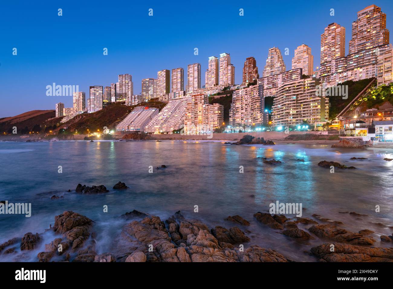 Skyline of buildings at the coastal city of Concon at Valparaiso Region ...