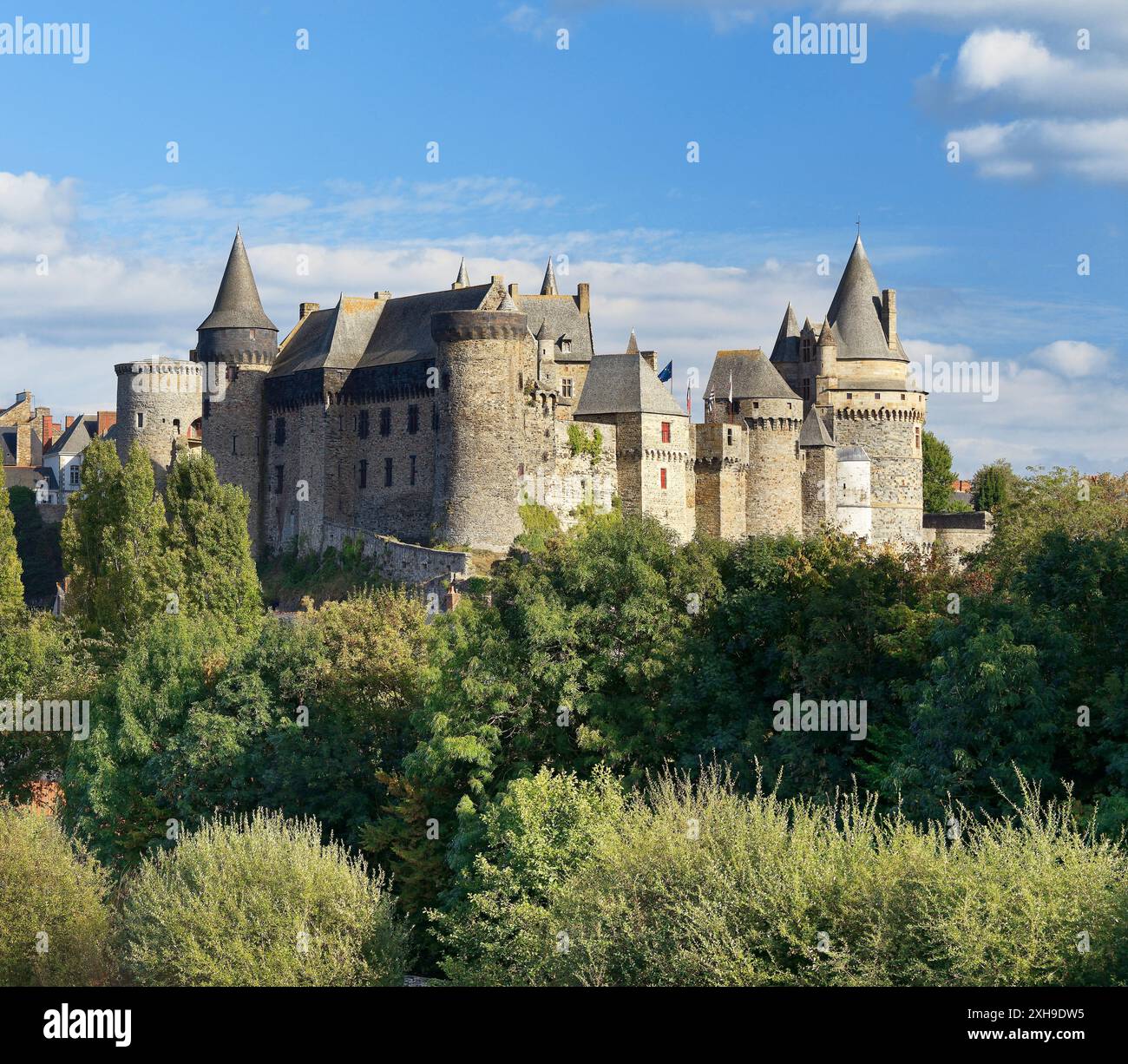 French medieval town of Vitre, Brittany. Vitre Castle Chateau seen from ...
