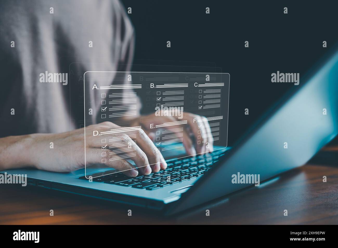 Businessman Take an assessment, Survey online exam, questions form ...