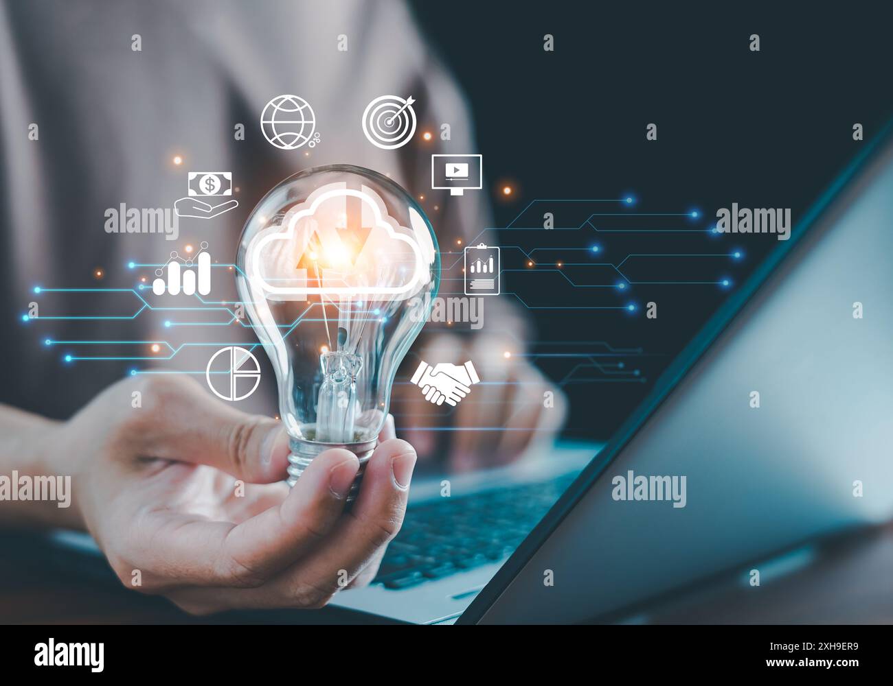 Man hand holding Light bulb. Business global internet connection ...