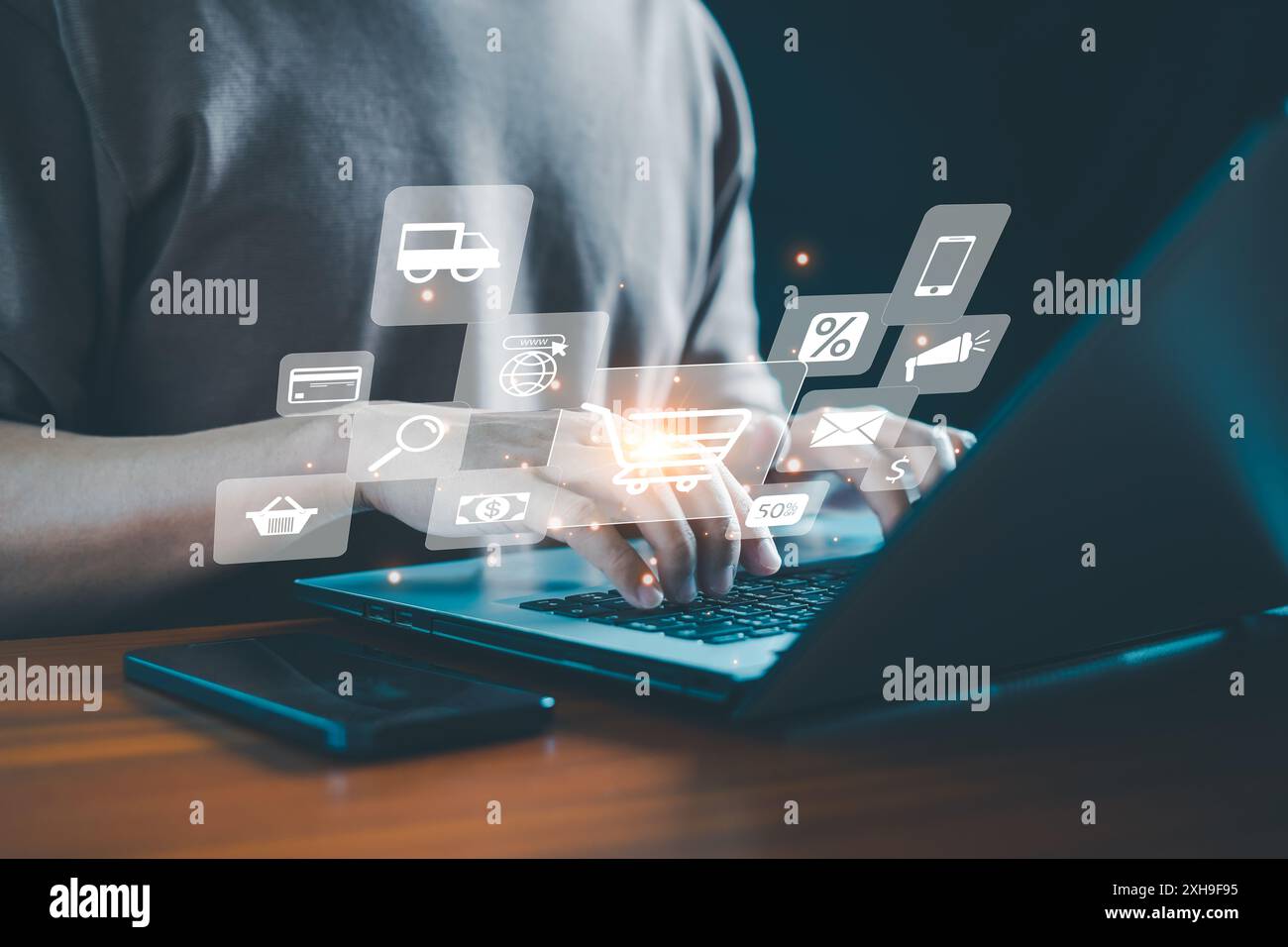 Shopper using computer laptop to input order, transaction, innovation ...