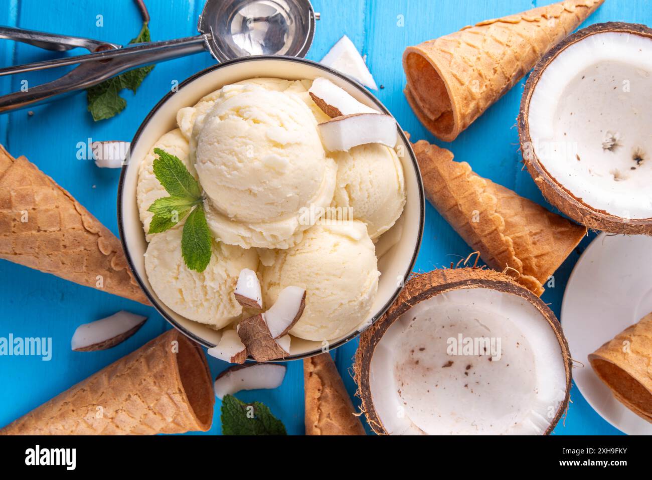 Vegan creamy coconut sorbet ice cream. Bowl with classic white coconut ...