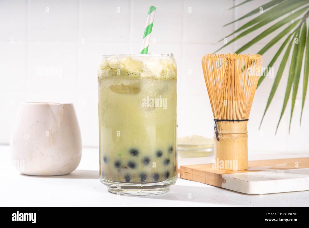 Green matcha boba bubble tea with tapioca pearl. Trendy asian cold iced ...