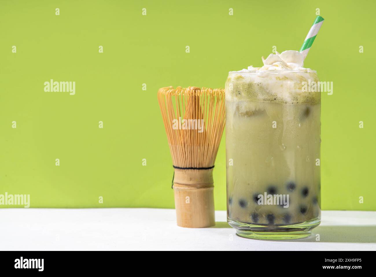 Green matcha boba bubble tea with tapioca pearl. Trendy asian cold iced ...