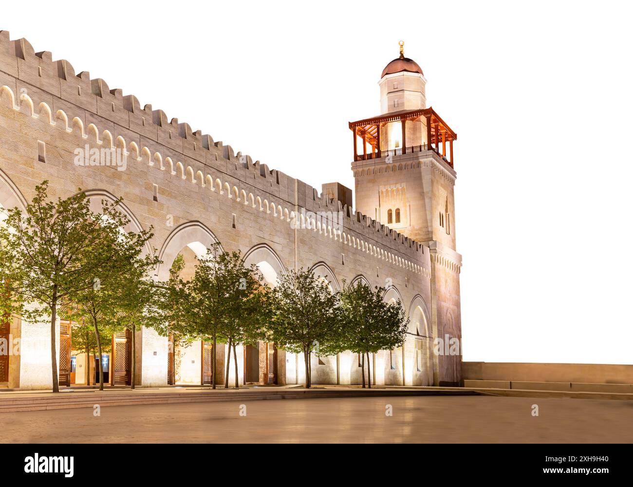 King Hussein Bin Talal mosque in Amman (at night), Jordan. On white ...