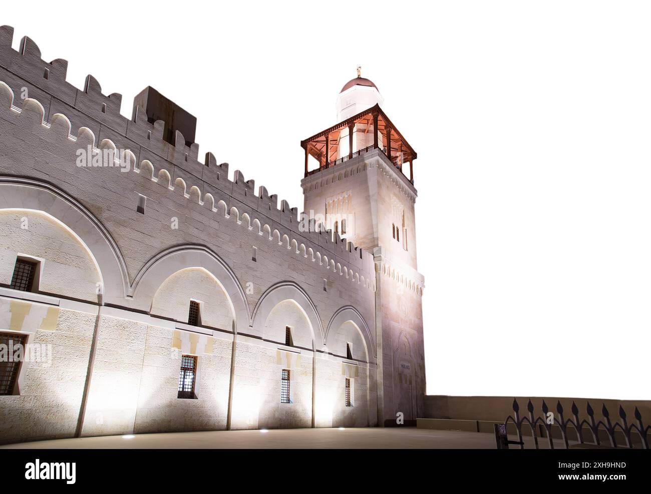 King Hussein Bin Talal mosque in Amman (at night), Jordan. On white ...