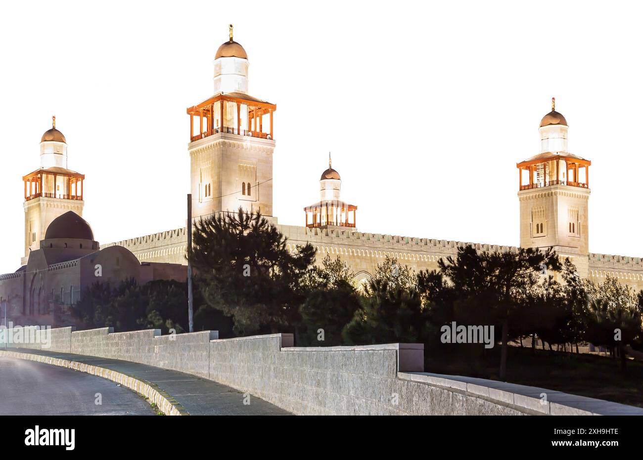 King Hussein Bin Talal mosque in Amman (at night), Jordan. On white ...