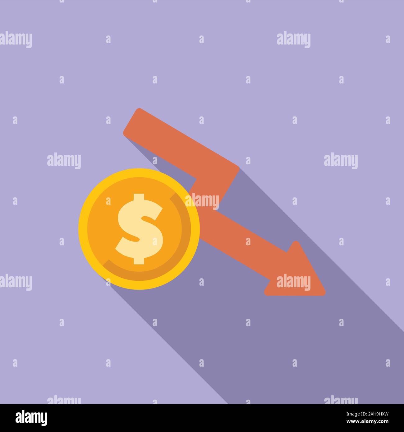 Gold coin with a dollar sign is next to a red arrow pointing down ...