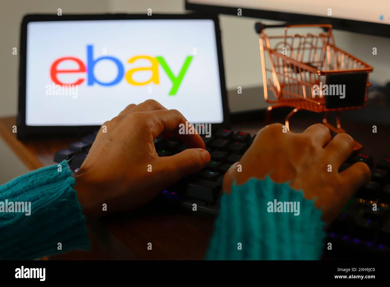 In this photo illustration, a person types near the eBay logo displayed ...