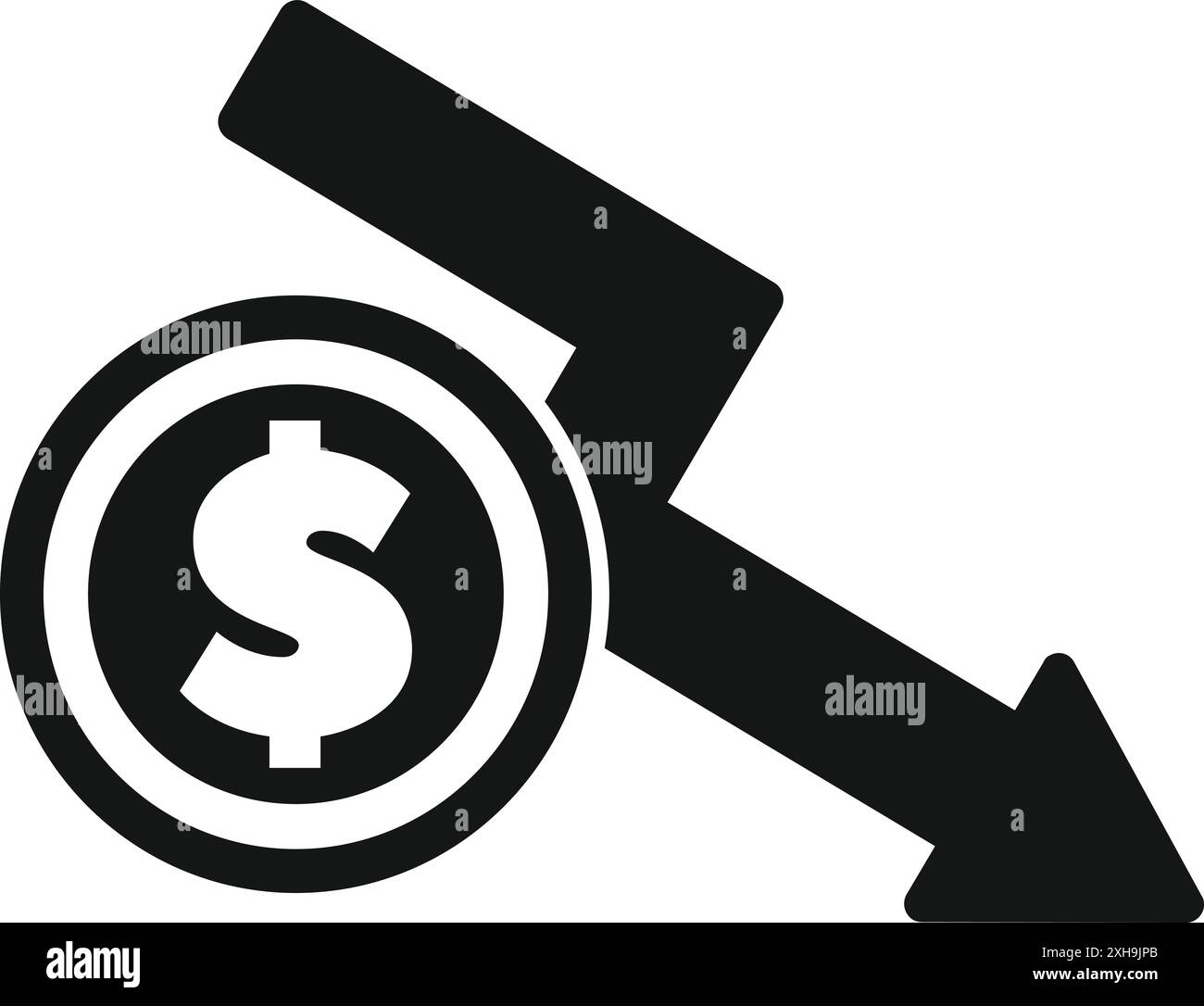 Black and white icon of a dollar coin with a downward arrow ...