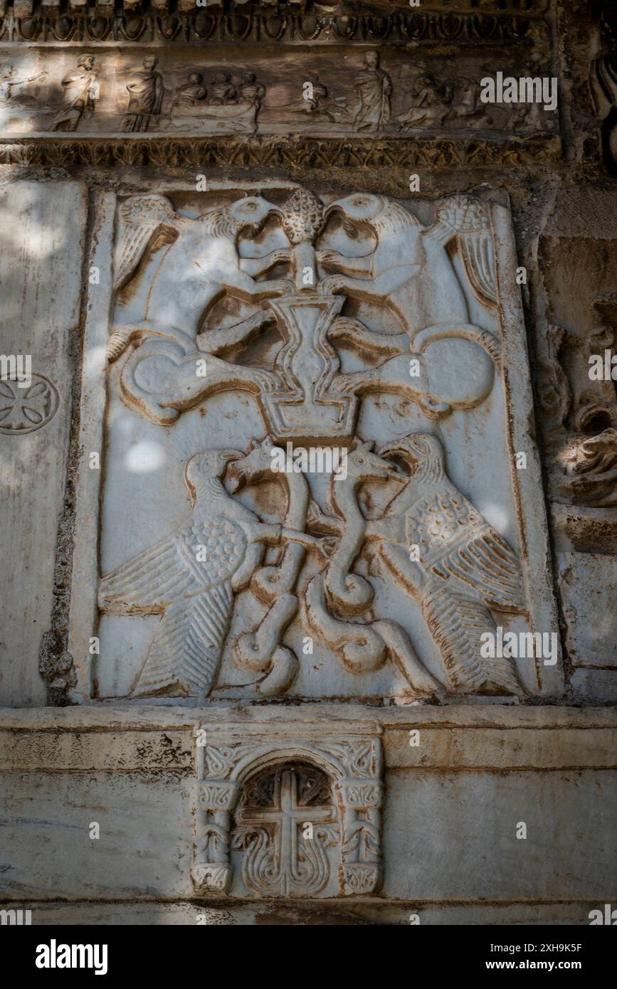 Detail of relief on the facade of Little Metropolis church, formally ...