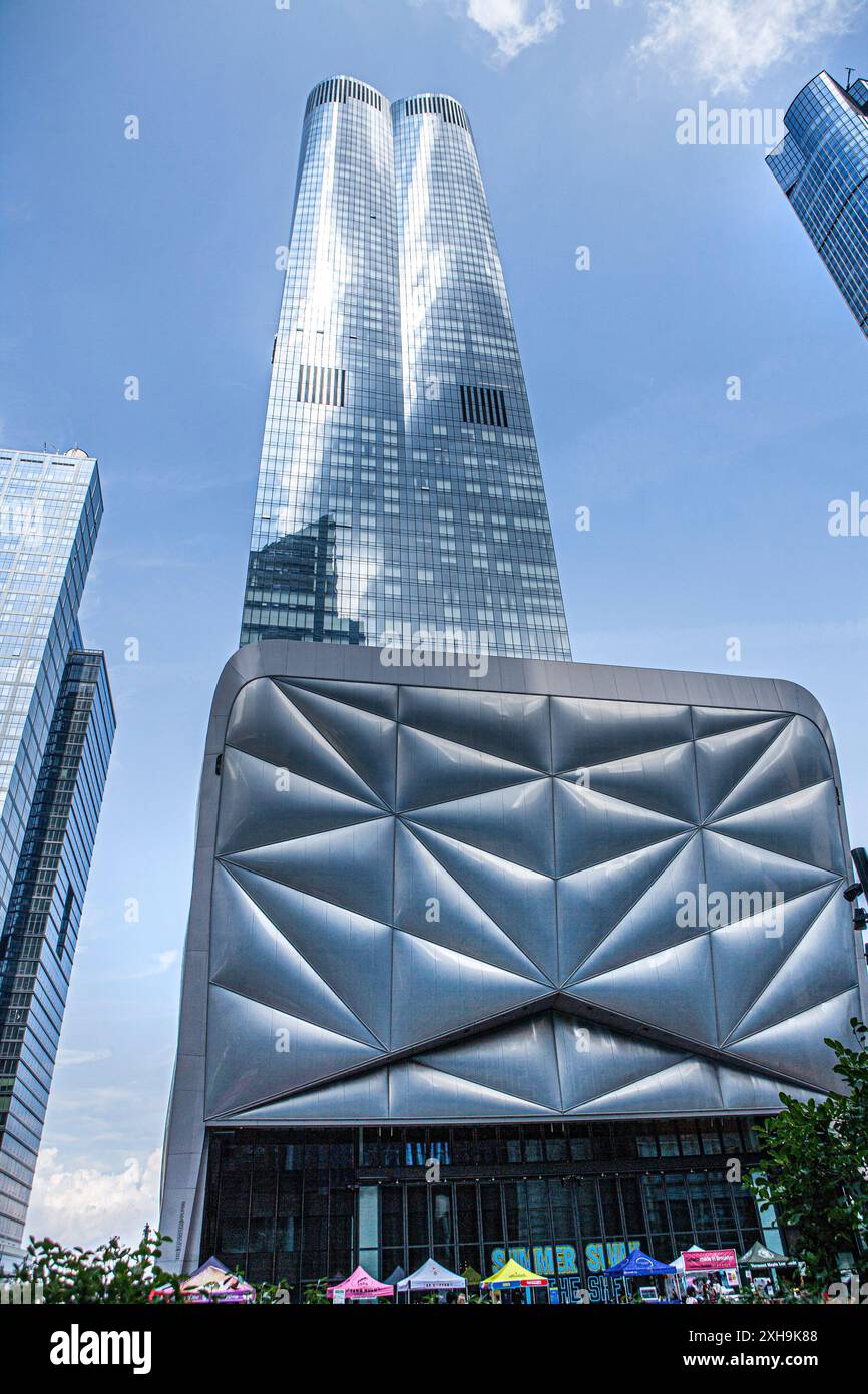 The Shed and Bloomberg Building, low angle view, 15 Hudson Yards, New ...