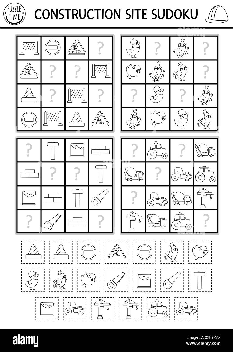 Vector black and white construction site sudoku puzzle for kids ...