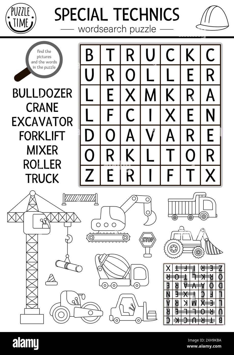 Vector black and white construction site wordsearch puzzle for kids ...
