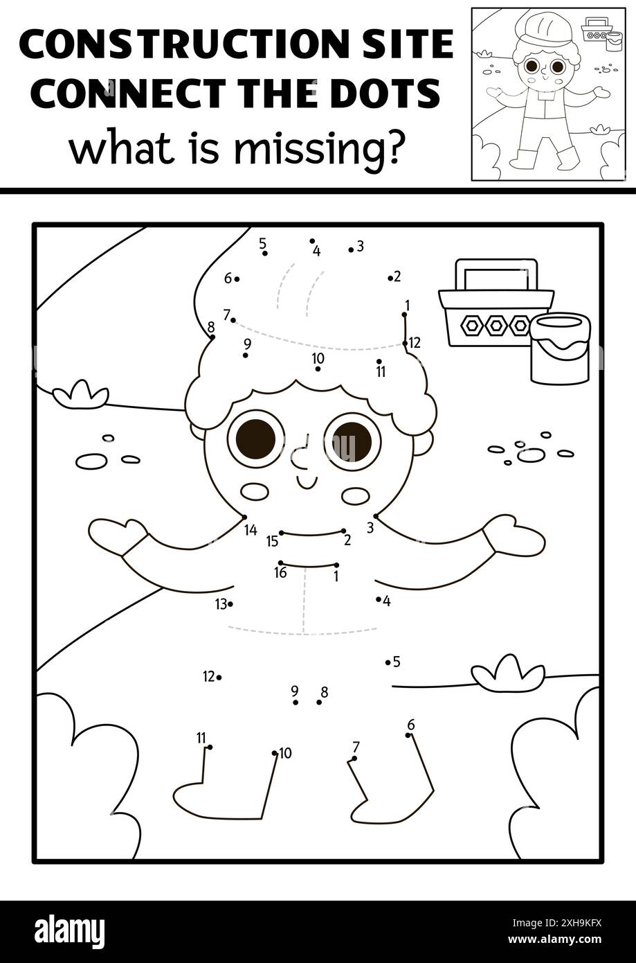 Vector black and white dot-to-dot and color activity with worker ...