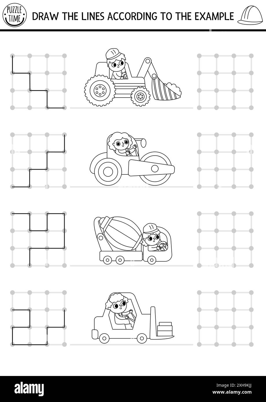 Construction site black and white drawing, writing, tracing activity ...