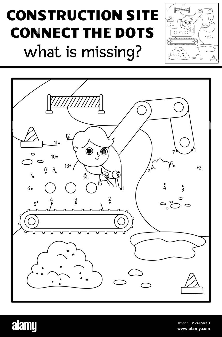 Vector black and white dot-to-dot and color activity with excavator ...