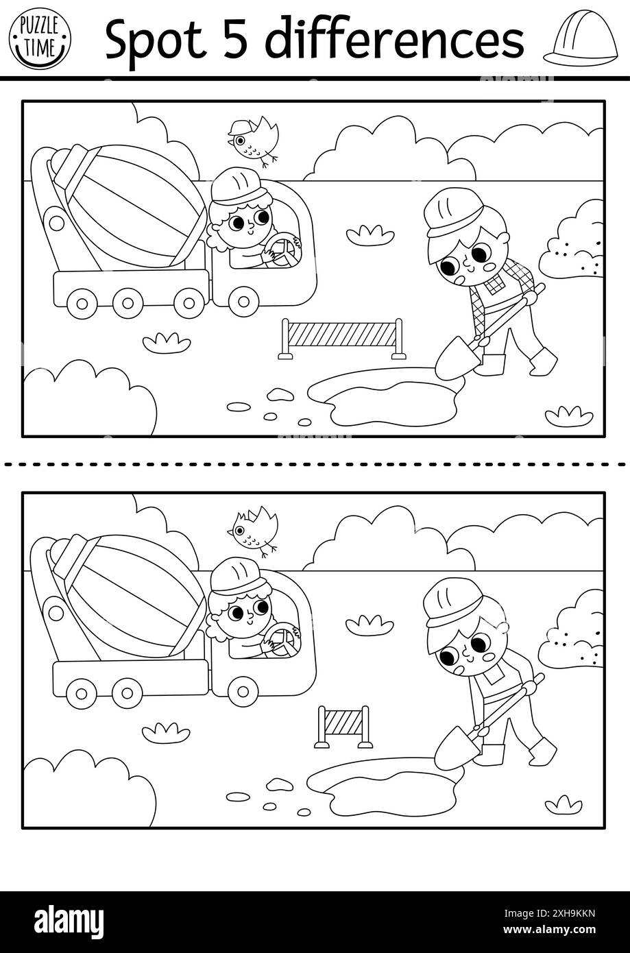 Find differences black and white game for children. Construction site ...