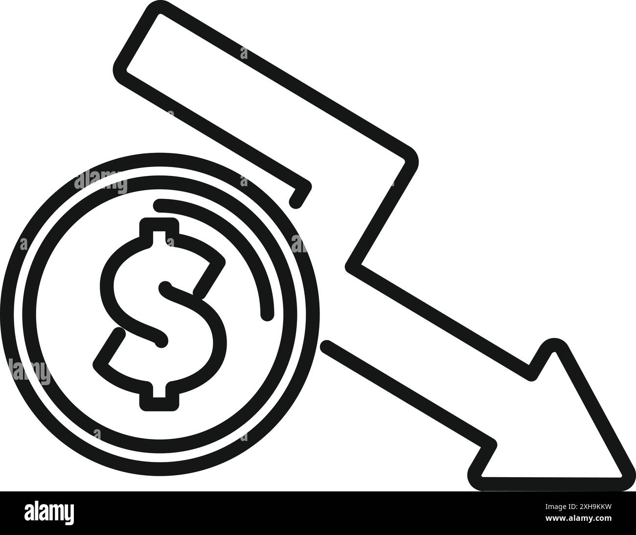 Thick arrow is pointing down next to a dollar coin, representing devaluation or inflation Stock ...