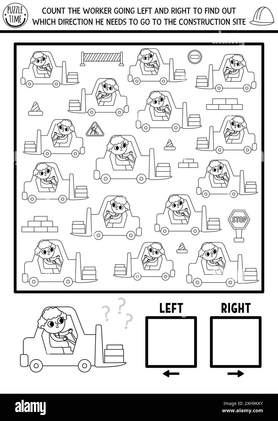 Construction site black and white logic game with right and left ...