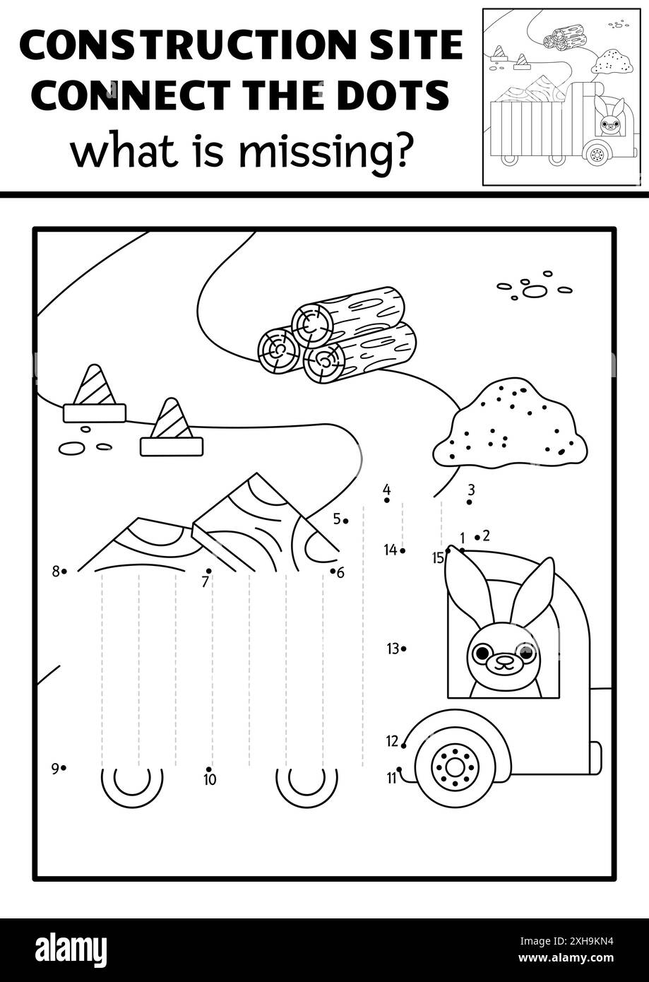 Vector black and white dot-to-dot and color activity with loaded truck ...