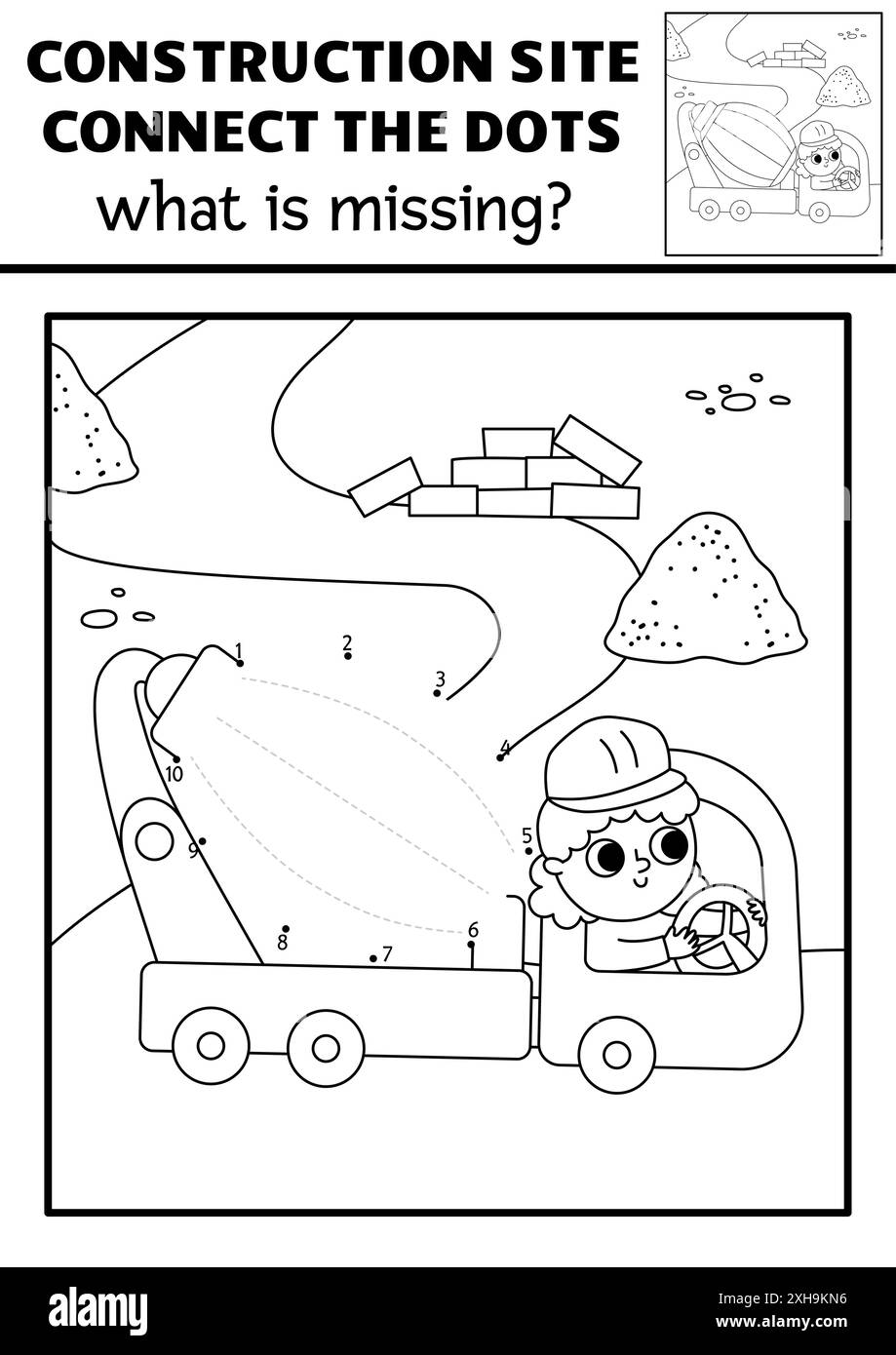 Vector black and white dot-to-dot activity with concrete mixer ...