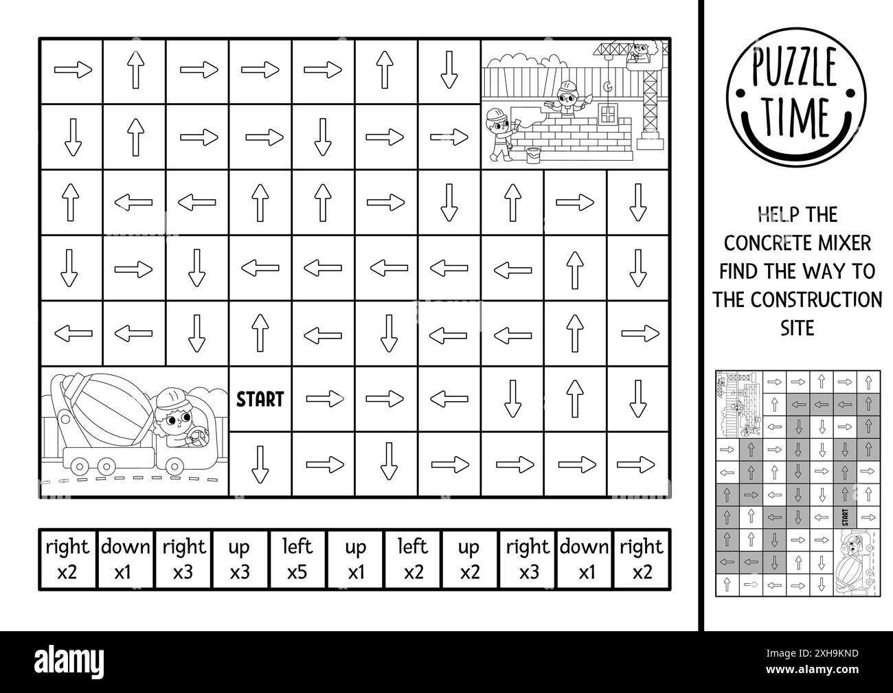 Construction site black and white logic maze for kids with concrete ...